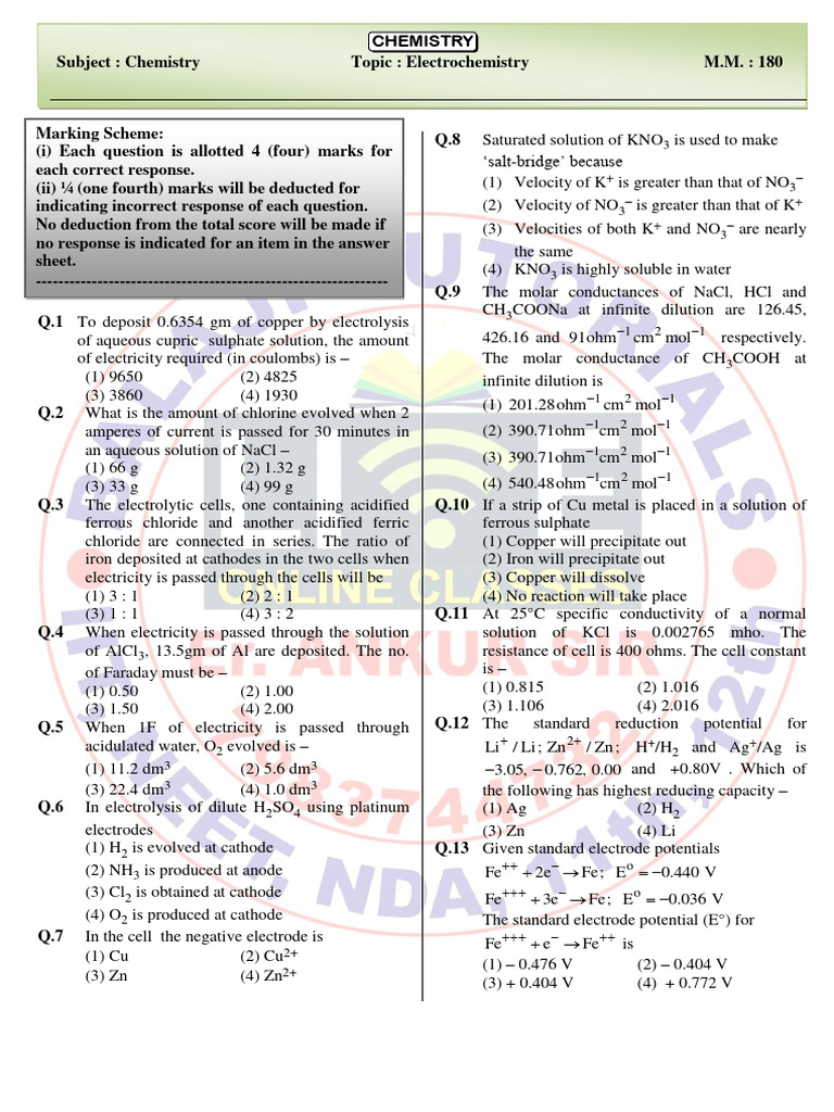 XII Chemistry Chapter Test 3 Electrochemistry | PDF | Redox | Electricity