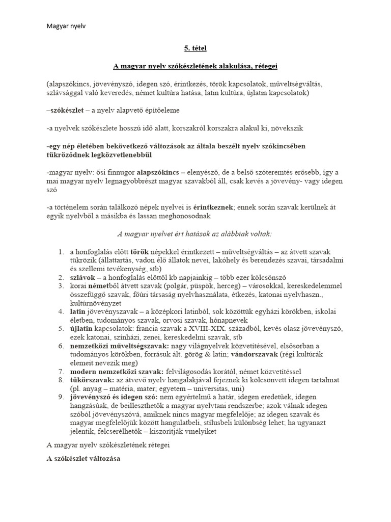Tétel A Magyar Nyelv Szókészletének Alakulása, Rétegei | PDF