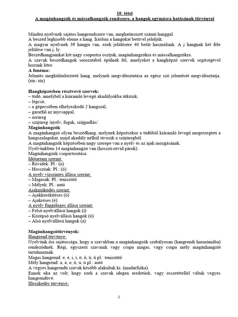 Tétel A Magánhangzók És Mássalhangzók Rendszere, A Hangok Egymásra ...