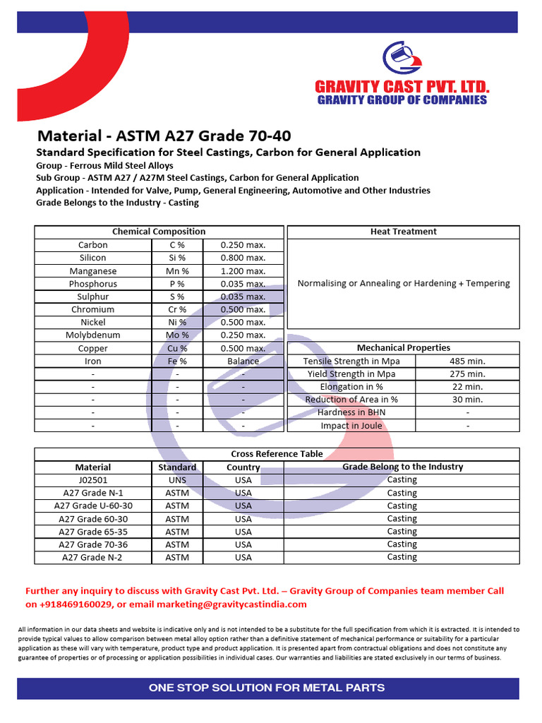 Technical Specifications - ASTM A27 Grade 70-40 | PDF | Steel | Alloy