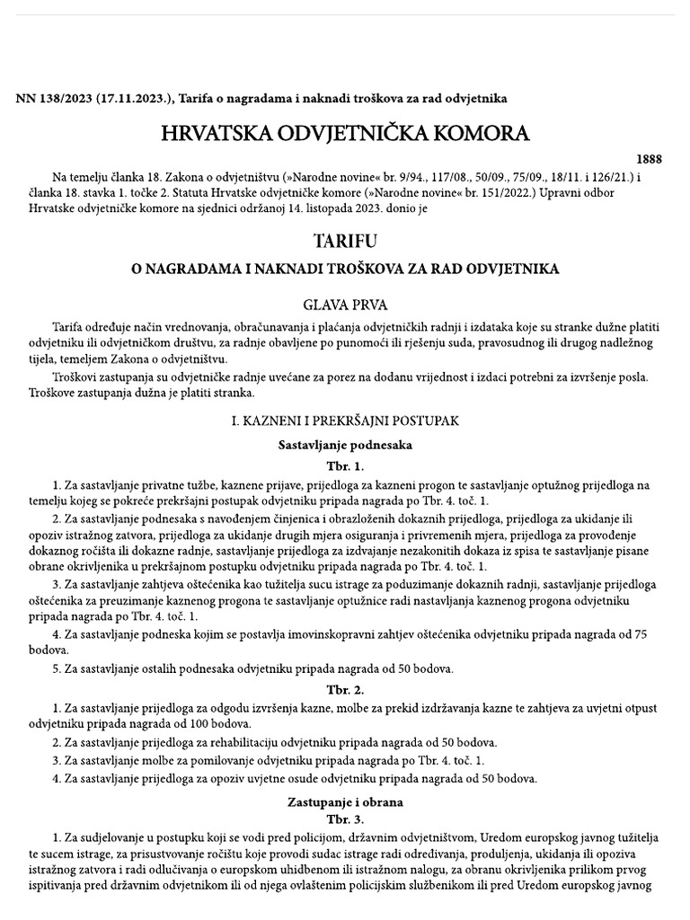 Tarifa o Nagrada i Naknadi Troskova Za Rad Odvjetnika NN 1382023 Od 17 ...