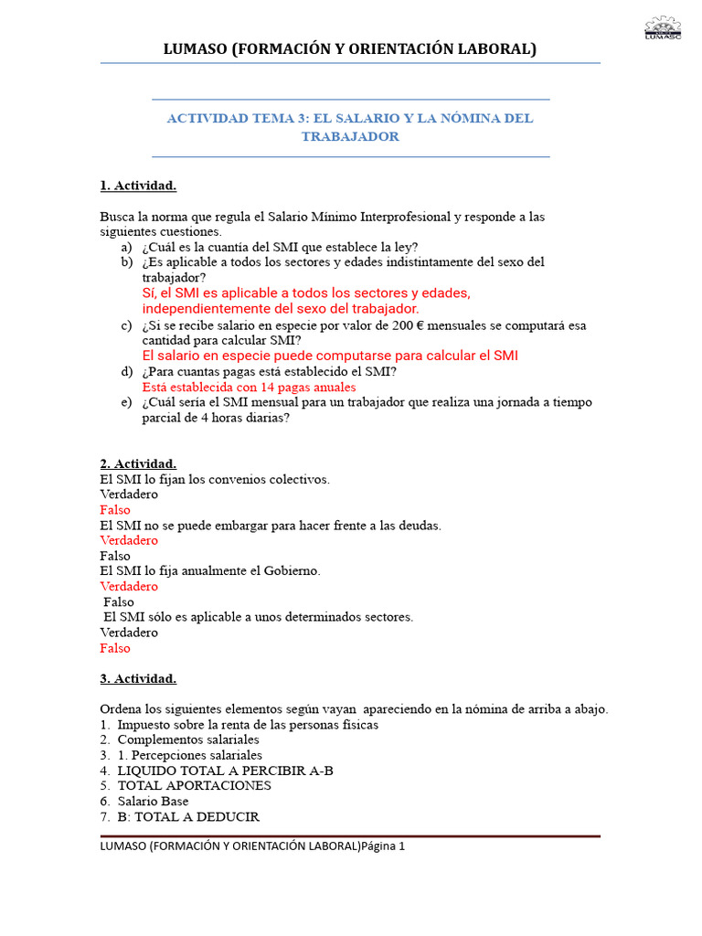 Act. Nómina Tema 3 | Descargar gratis PDF | Salario mínimo | Salario