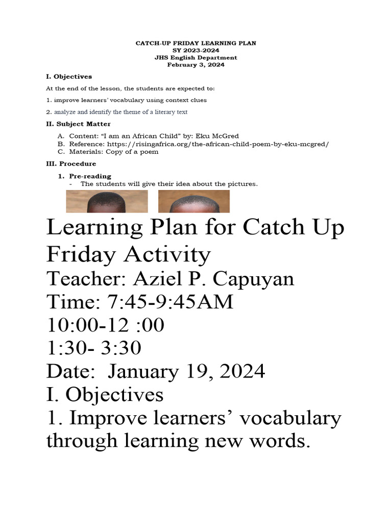 Catch Up Friday Lesson Plan January 19 2024 | PDF | Reading ...