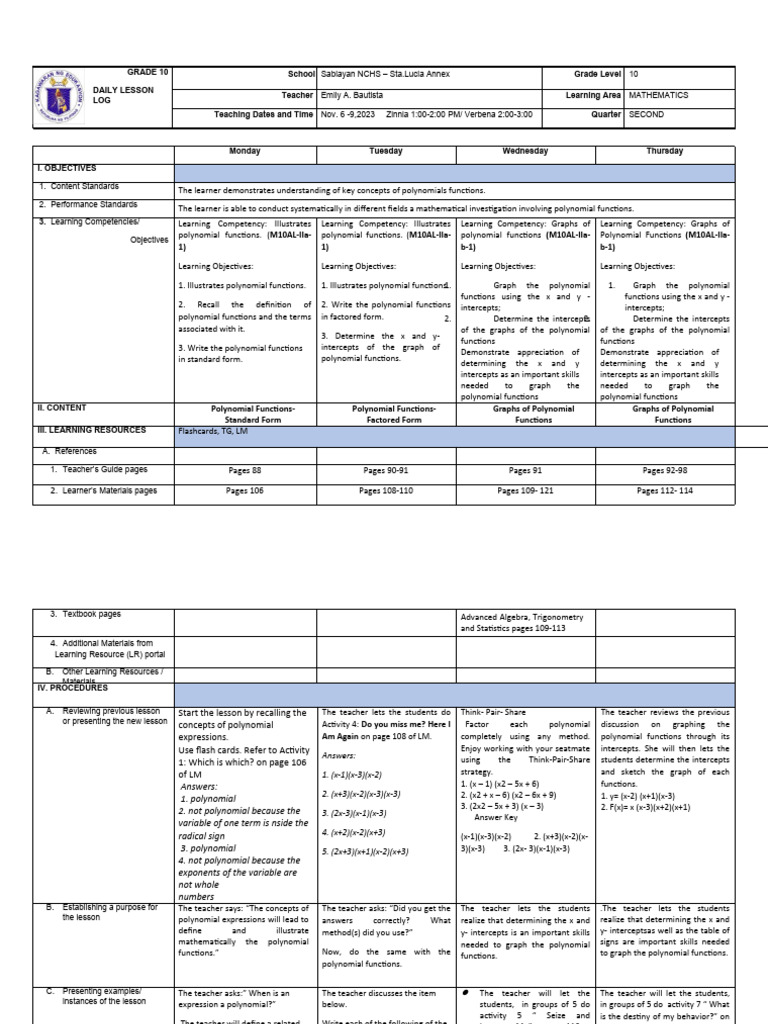 Grade 10 Quarter 2 Week 1 | PDF | Function (Mathematics) | Polynomial