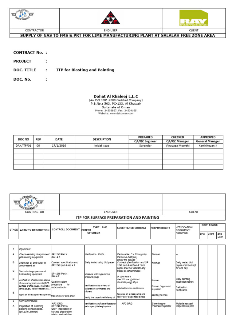 ITP for Blasting and Painting Process | PDF | Verification And Validation | Pipe (Fluid Conveyance)