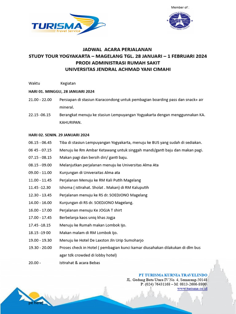 Jadwal Study Tour Yogyakarta 2024 | PDF