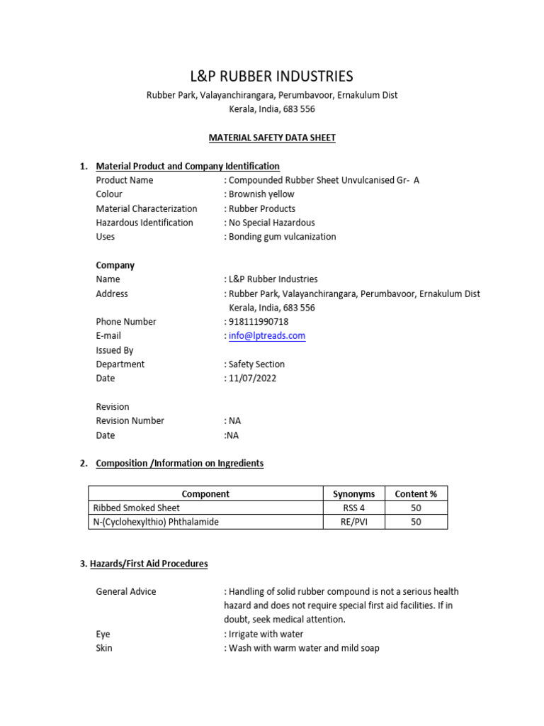 Material Safety Data Sheet Compounded Rubber Sheet Unvulcanised GR A ...