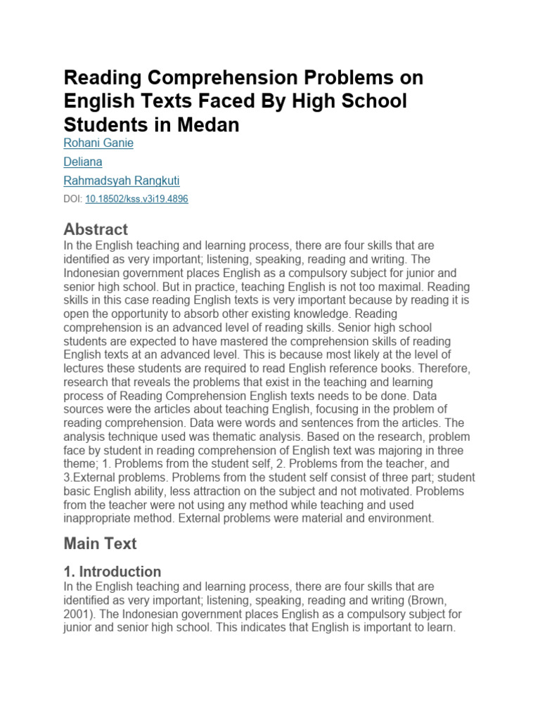 Reading Comprehension Problems on English Texts Faced by High School ...