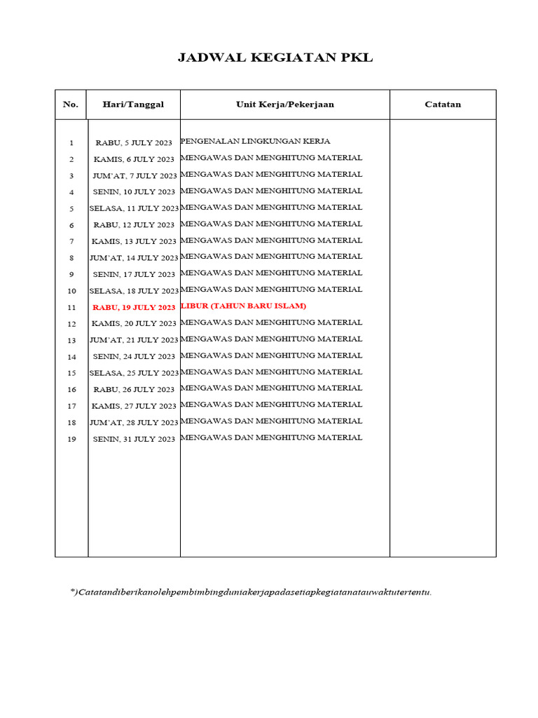 Jadwal Kegiatan PKL | PDF