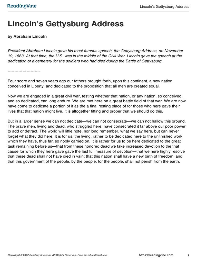 Lincolns Gettysburg Address Passage | PDF