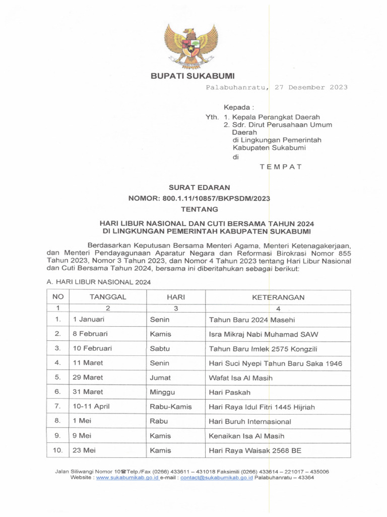 Surat Edaran Hari Libur Nasional Dan Cuti Bersama Tahun 2024 | PDF