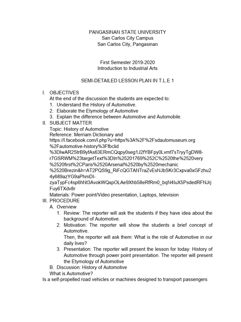 Semi Detailed Lesson Plan REPORTER1 HISTORY OF AUTOMOTIVE ...