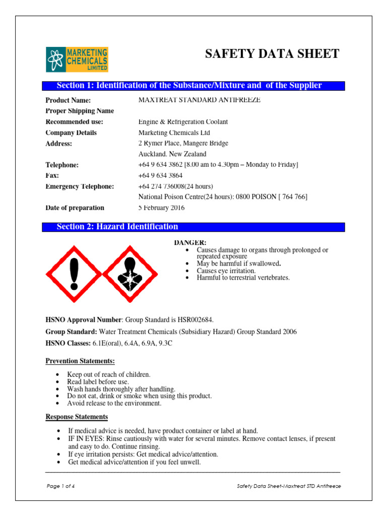 Maxtreat STD Antifreeze MSDS | PDF | Materials | Occupational Safety And Health