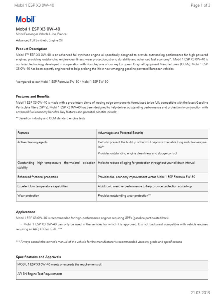 Fiche - Technique - Mobil1 Esp x3 0w40 050595 | PDF | Motor Oil | Physical Sciences