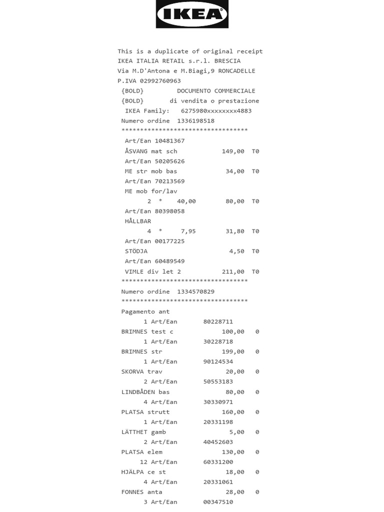 IKEA Receipt for Order 1336198518 | PDF