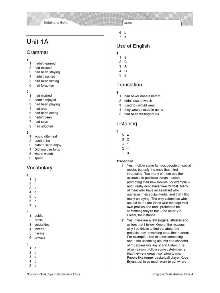 U1 Progress Tests A Answer Key | PDF