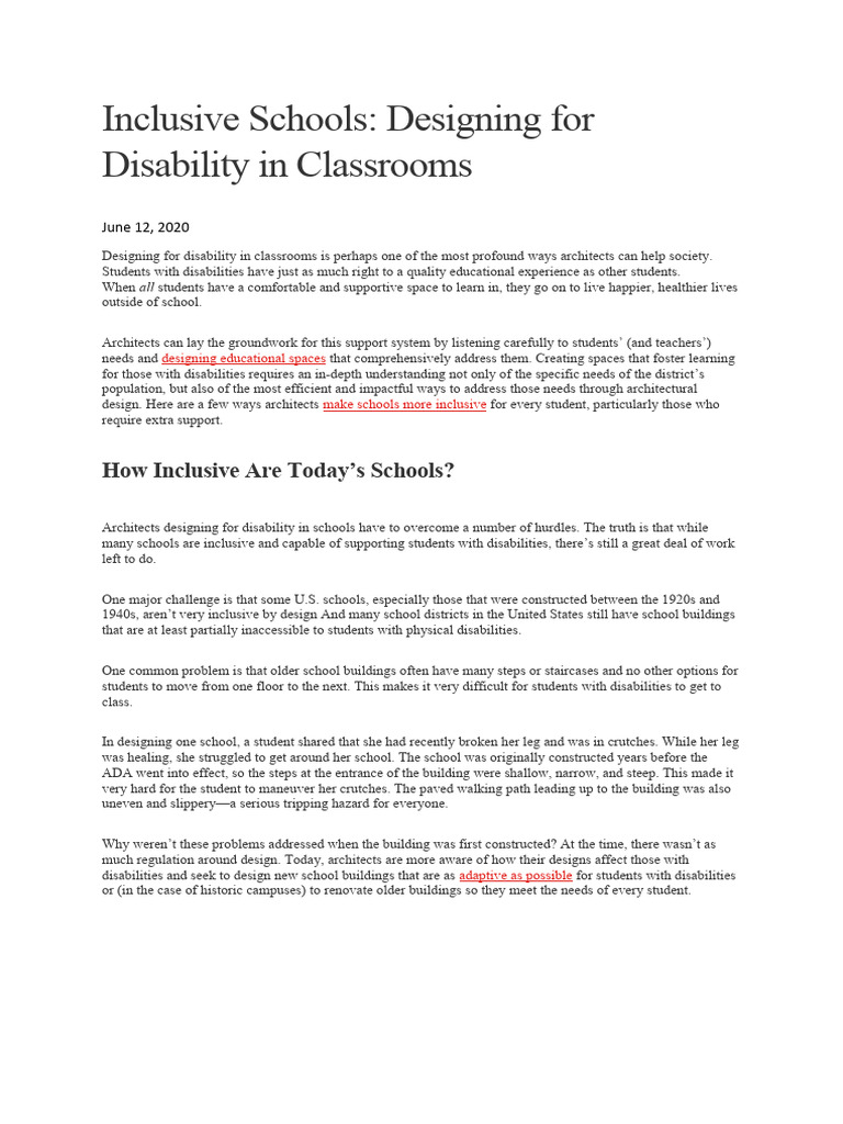 Inclusive Schools Designing For Disability In Classrooms Pdf