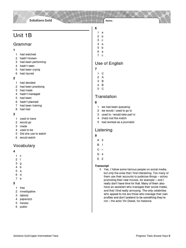 U1 Progress Tests B Answer Key | PDF