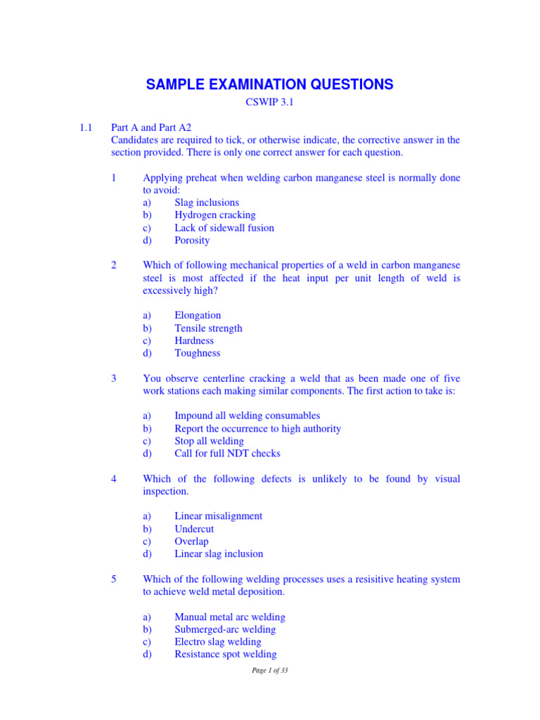 Sample Practice Questions For CSWIP Examinations | PDF | Welding | Construction