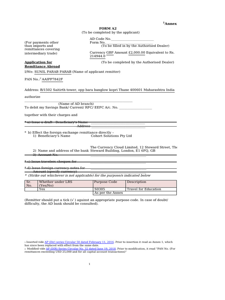 A2 Form Samruddhi Parab | PDF | Remittance | Foreign Exchange Market