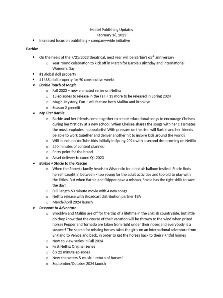 Mattel Publishing Initiatives Overview | PDF | Barbie | Entertainment