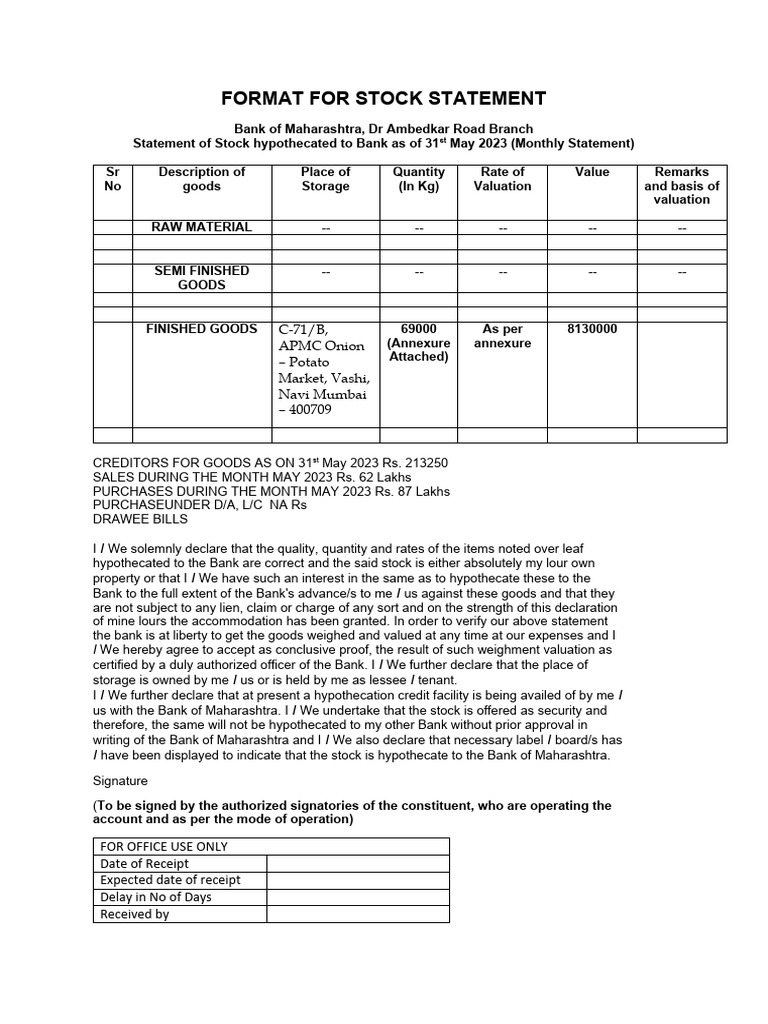 Format For Stock Statement | PDF | Banks | Valuation (Finance)