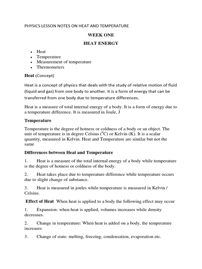 Physics Lesson Notes On Heat and Temperature | PDF | Temperature ...