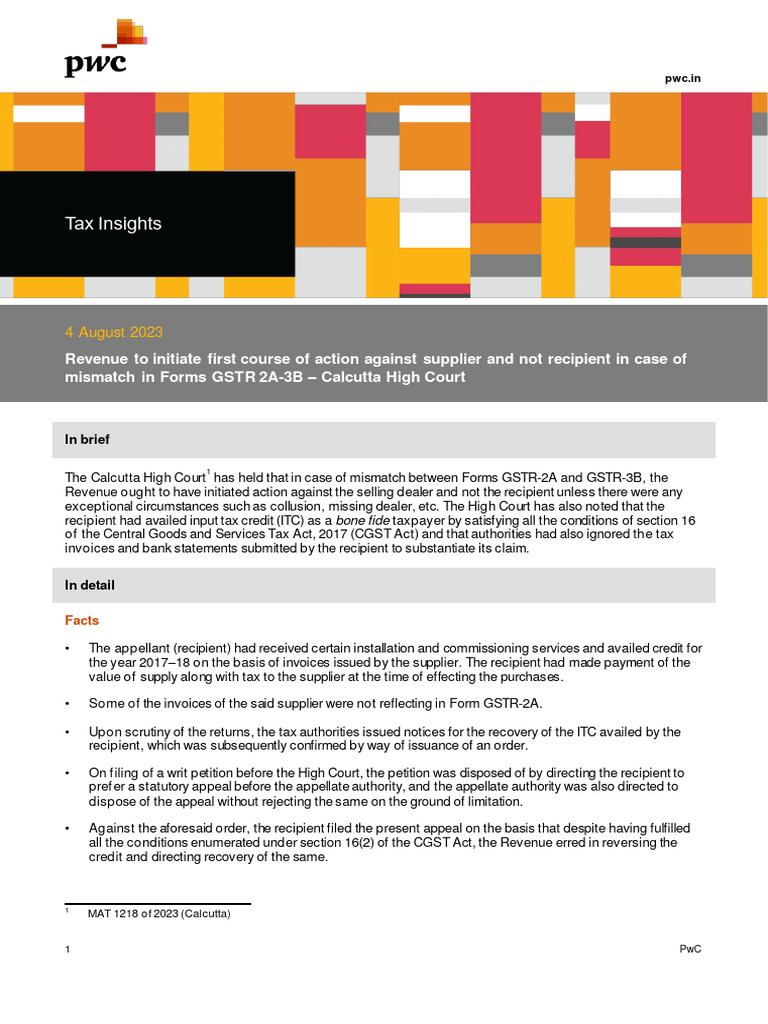 PWC Tax Insights 4 August 2023 Revenue To Initiate First Course of ...