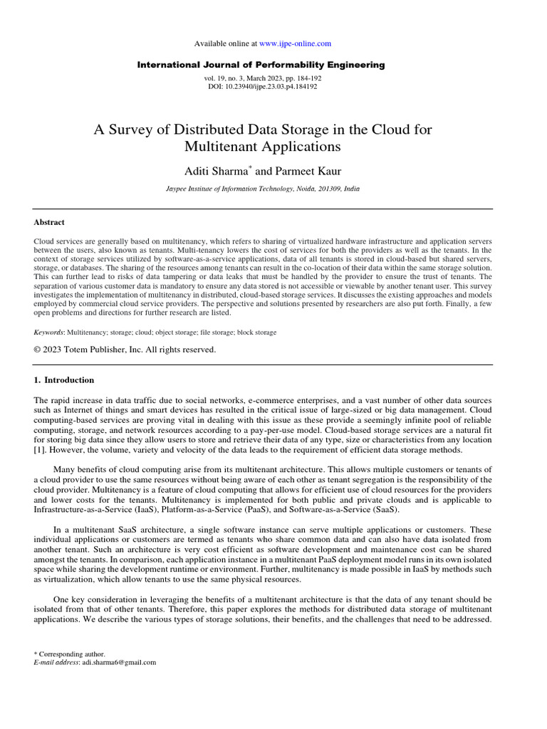 Cloud Multitenancy Data Storage Survey | PDF | Cloud Computing | Databases