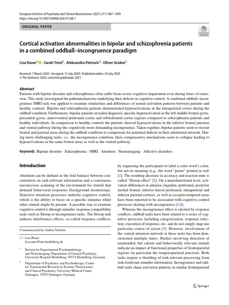 Cortical Activation Abnormalities in Bipolar and Schizophrenia Patients in A Combined Oddball ...