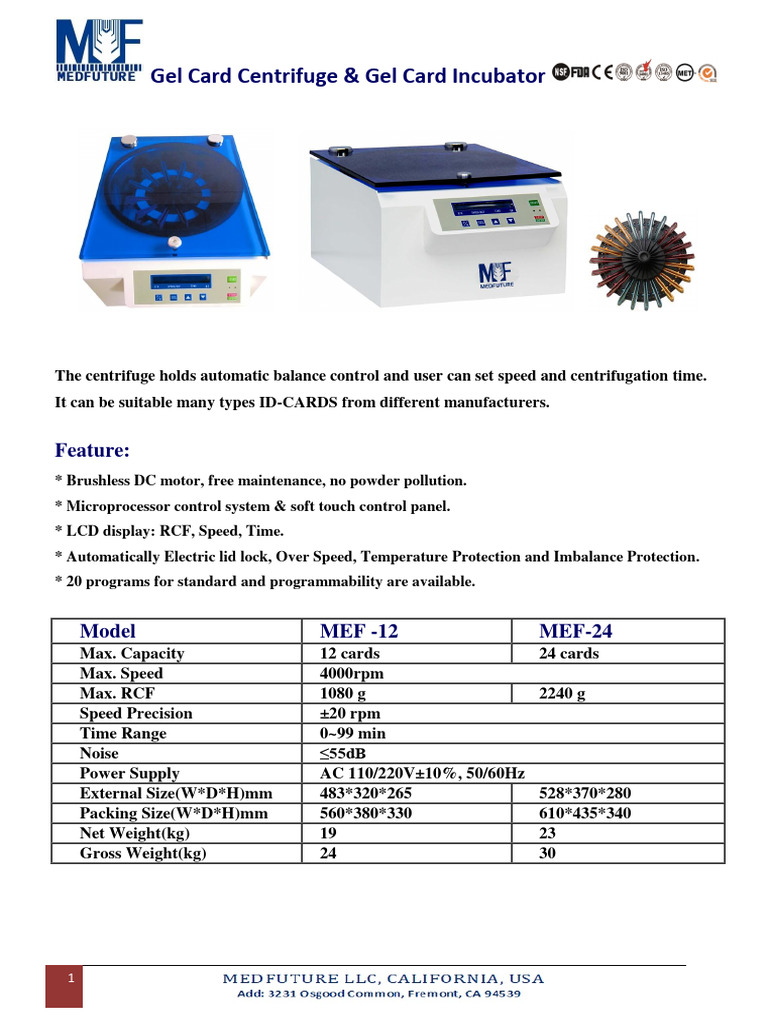 Gel Card Centrifuge & Incubator Specs | PDF | Power Supply | Electric Power