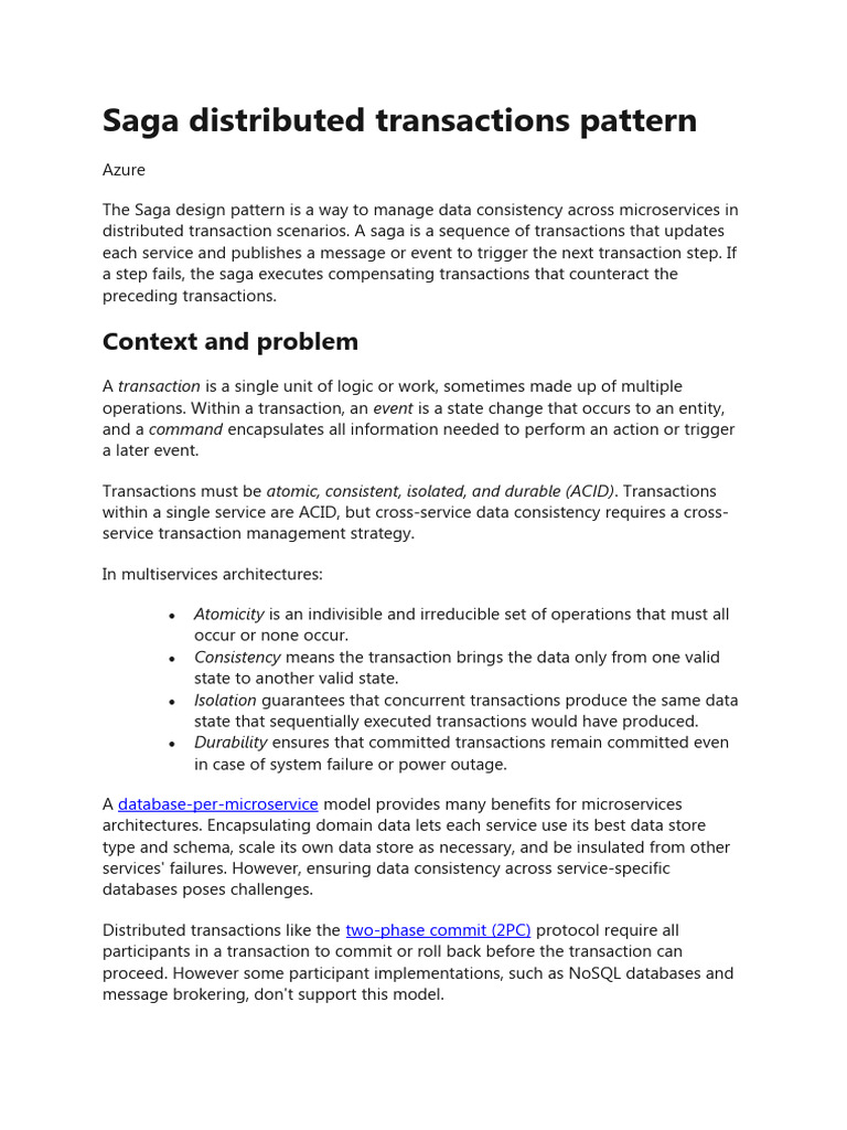 Saga Distributed Transactions Pattern Pdf Database Transaction Acid
