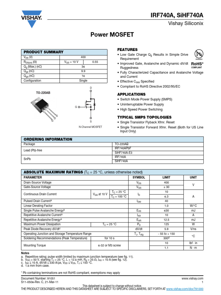 Irf740a Datasheet | PDF | Field Effect Transistor | Diode