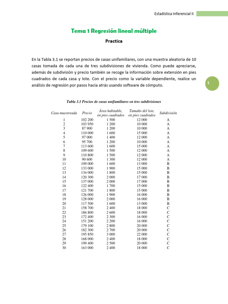 Tema1_Practica_ Regresion lineal multiple | PDF | Regresión lineal | Análisis de regresión