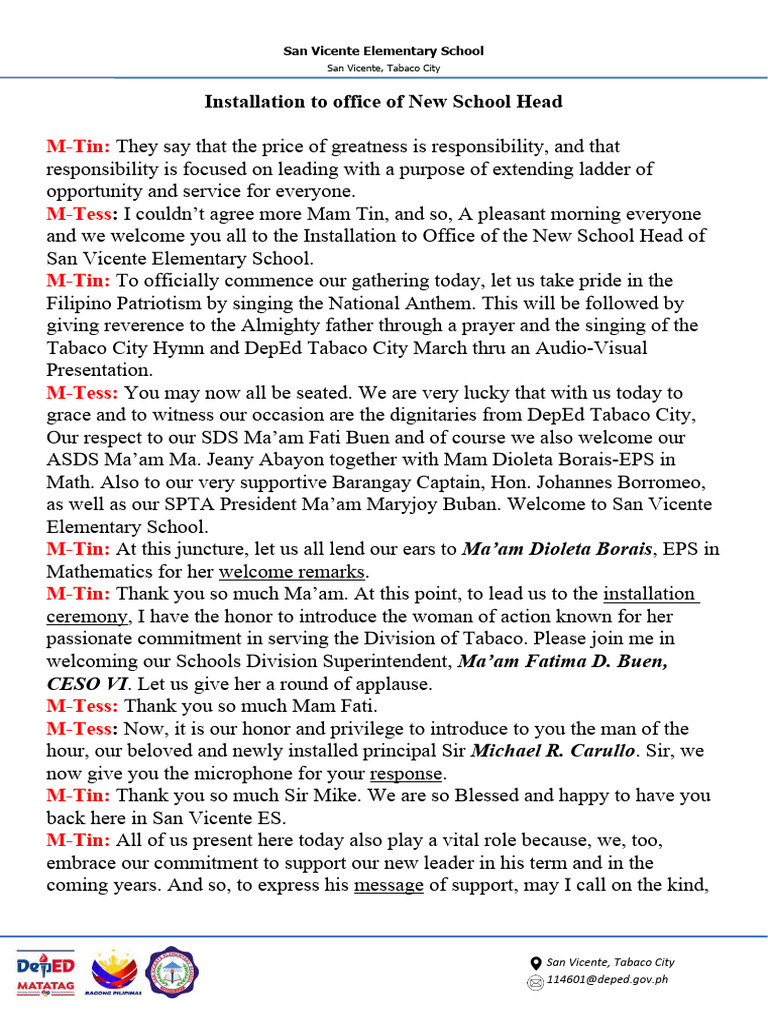 Installation of New School Head (Emcee Script) | PDF