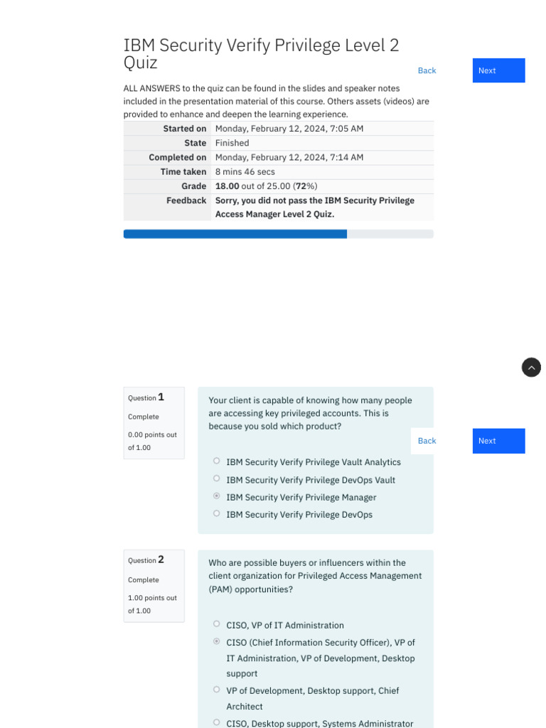 IBM Security Verify Privilege Level 2 Quiz Attempt Review | PDF | Malware | Ransomware