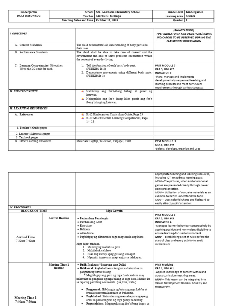 Kindergarten Science Lesson Plan | PDF | Educational Assessment | Learning