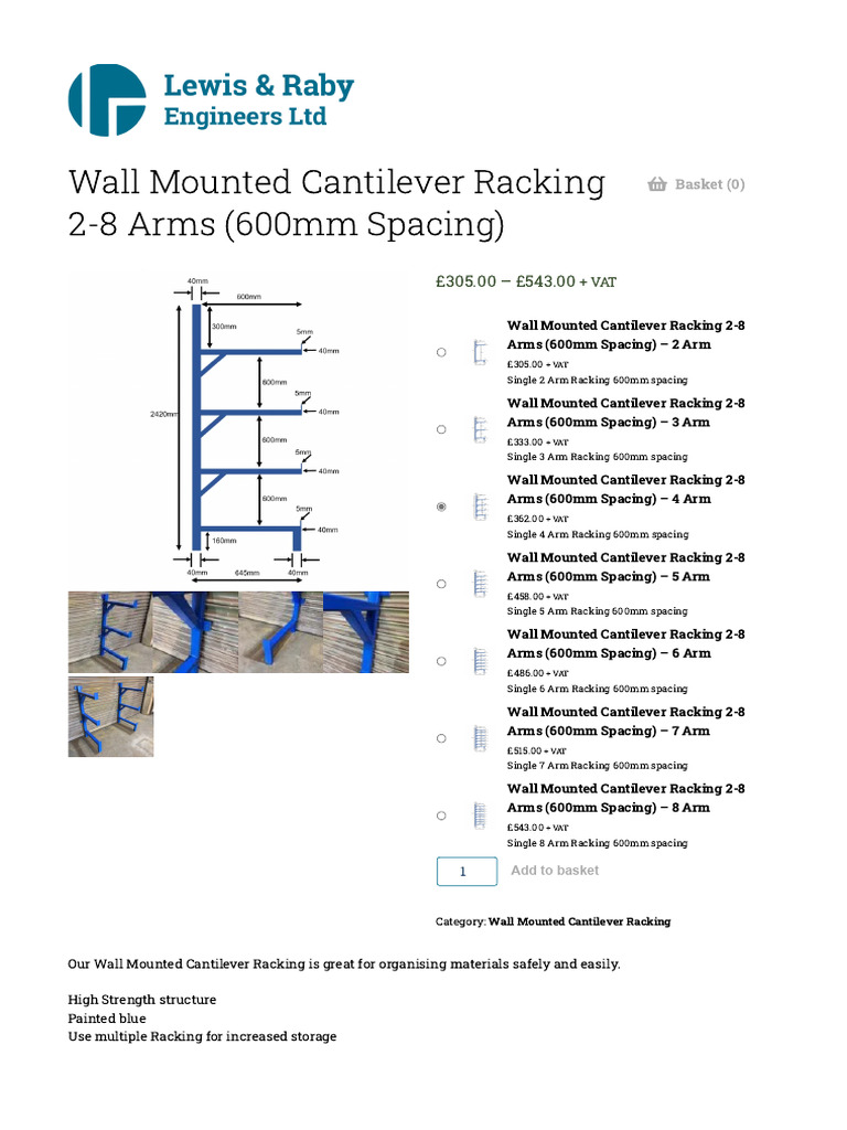 Wall Mounted Cantilever Racking 2-8 Arms (600mm Spacing) – 4 Arm | PDF ...