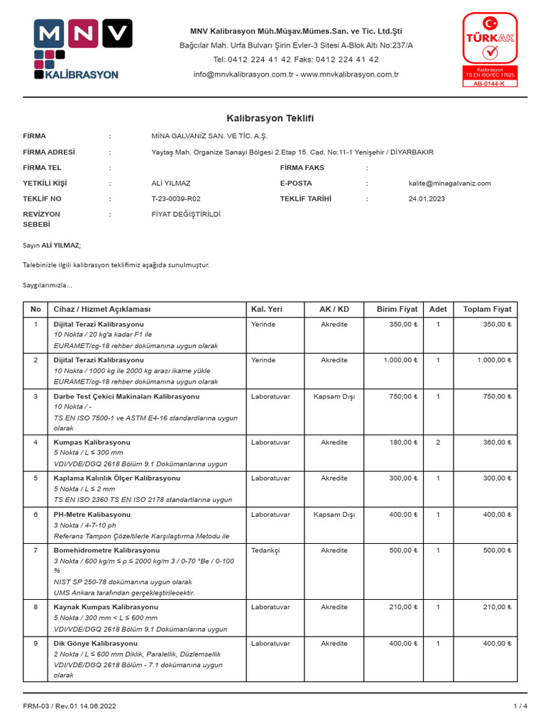 Kalibrasyon Teklifi: MNV Kalibrasyon Müh - Müşav.Mümes - San. Ve Tic. LTD - Şti | PDF