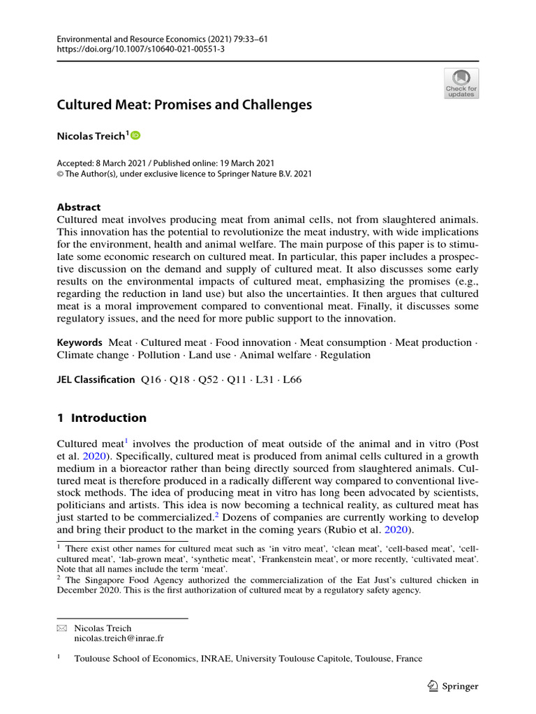 Cultured Meat: Promises and Challenges: Nicolas Treich | PDF | Meat ...