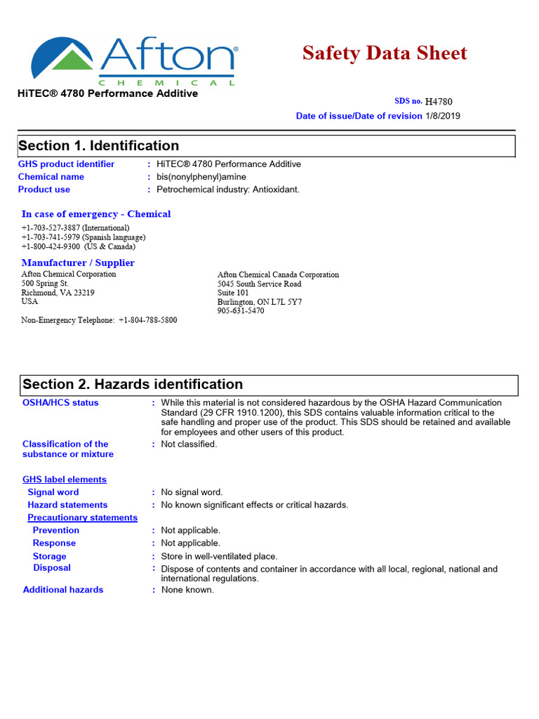 SafetyDataSheet (SDS) HiTEC4780 EN 07202020 | PDF | Toxicity | Waste