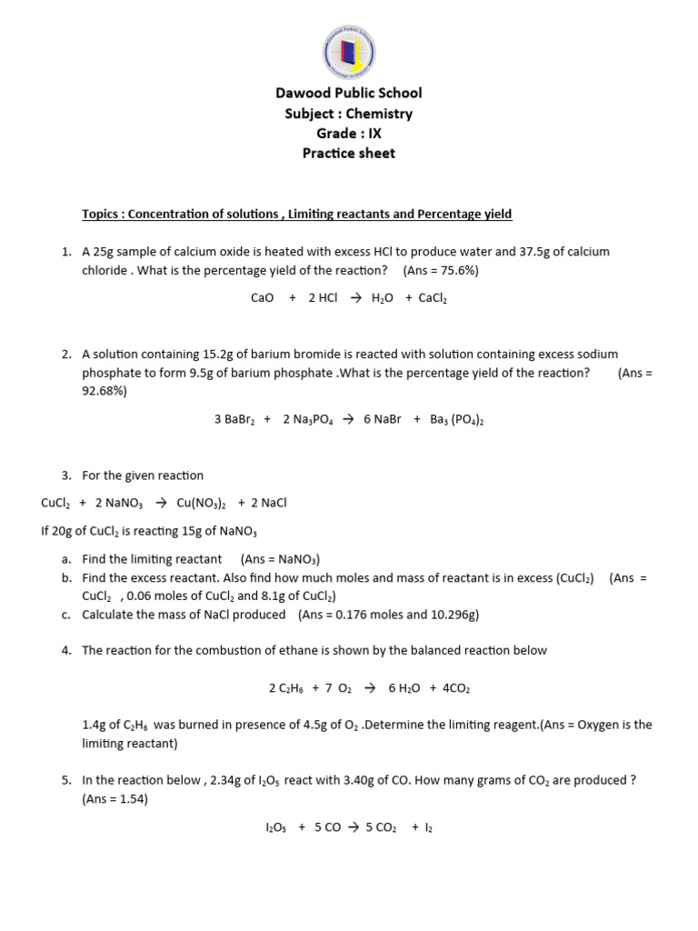 Work Sheet of Stoichiometry | PDF | Chemical Reactions | Sodium Hydroxide