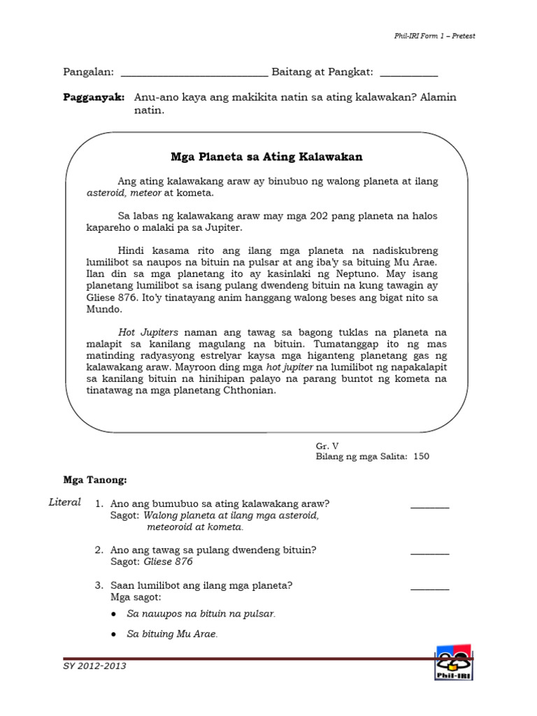 Gr. 5 Mga Planeta Sa Ating Kalawakan Oral Pretest | PDF