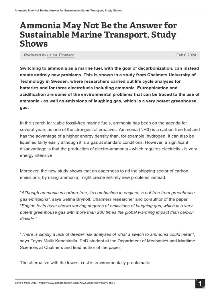 Ammonia May Not Be The Answer For Sustainable Marine Transport (Chalmers - 06.02.2024) | PDF ...