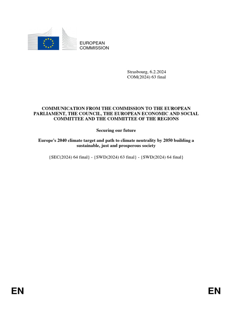 Europe's 2040 Climate Target COM (2024) 63 Final (06.02.2024) | PDF ...