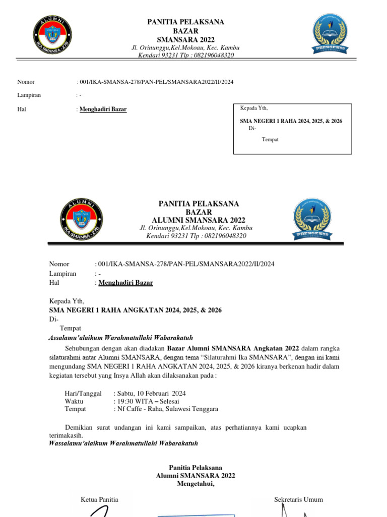 Undangan Bazar Sma Negeri 1 Raha Angkatan 2024, 2025, & 2026 | PDF