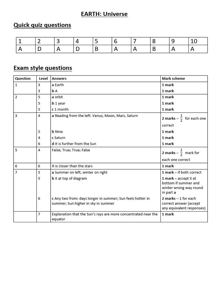 Universe Practice Quiz and Answers | PDF | Sun | Saturn