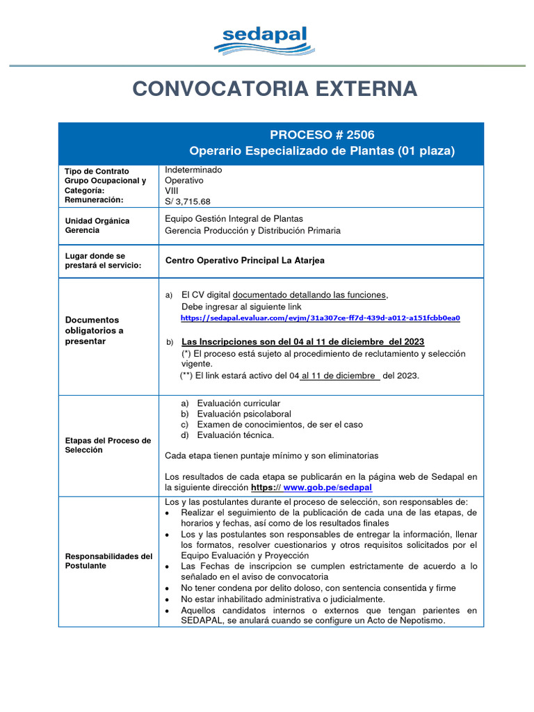 Convocatoria Externa 2506-Operario Especializado de Plantas-Egip | PDF ...
