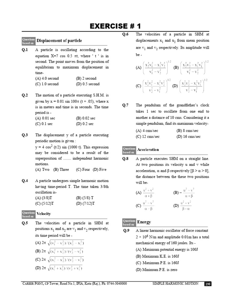 Simple Harmonic Motion Exercise | Download Free PDF | Oscillation | Pendulum