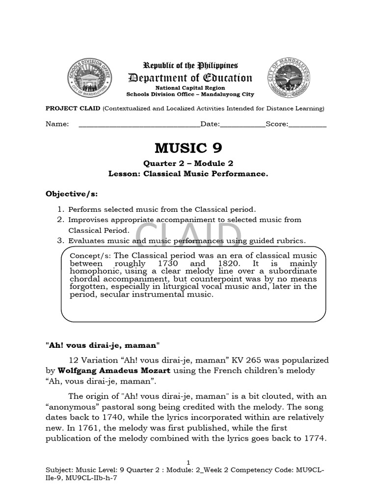 Q2 Module2 Music9 Week2-1-1 | PDF | Classical Period (Music) | Songs